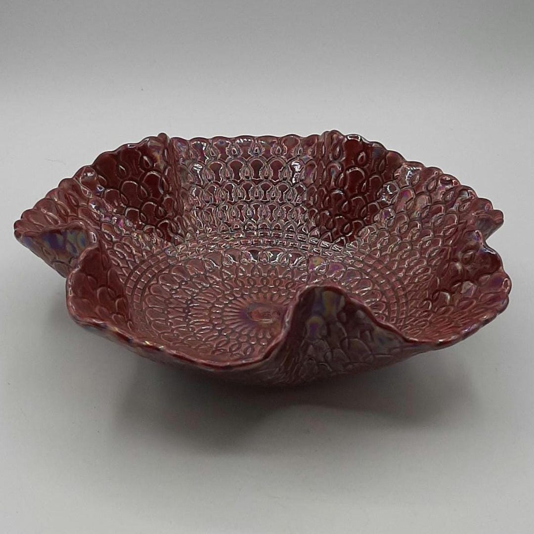 Raspberry Pink Vintage Boho Studio Pottery Trinket Candy Dish Ruffled ...