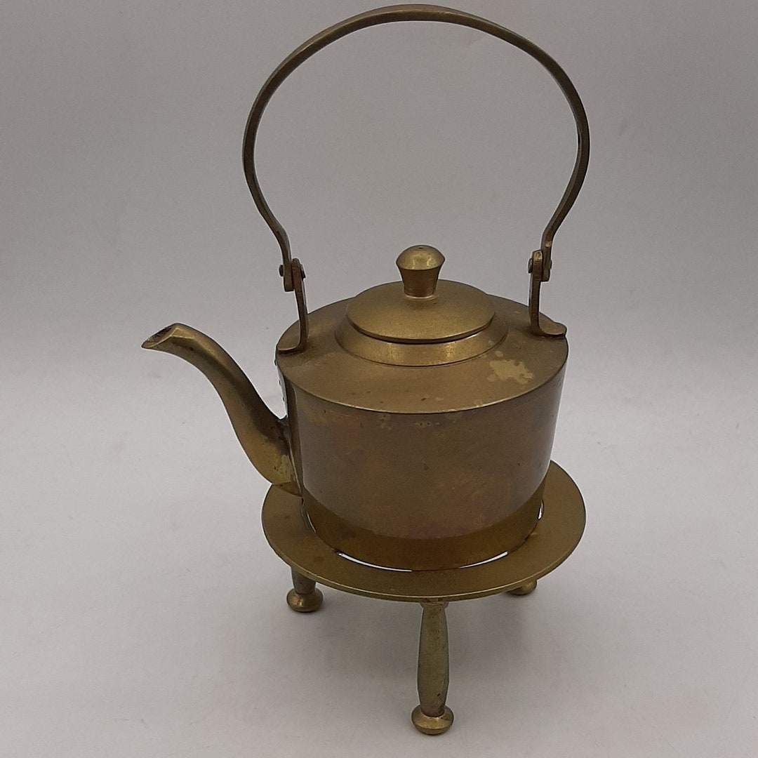 Miniature Brass Kettle Teapot on Raised Trivet Stand Vintage Home Decor ...