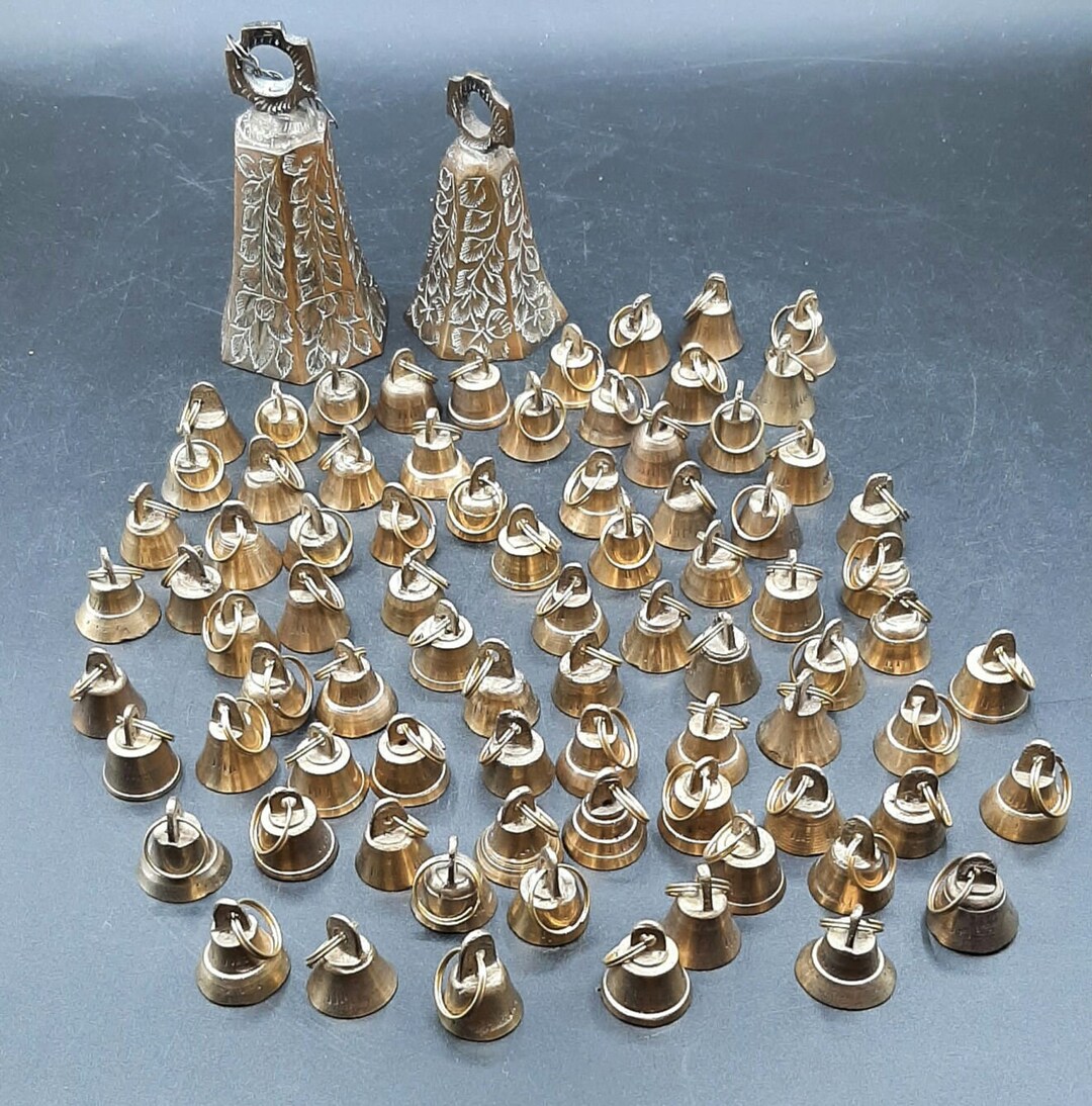 Vintage Brass Hanging Bells Engraved Two Larger and 80 Mini Bells ...