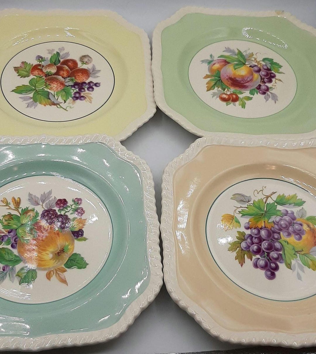 4 Johnson Bros Old English Square Pastel Salad Plates Fruit Theme Rope ...