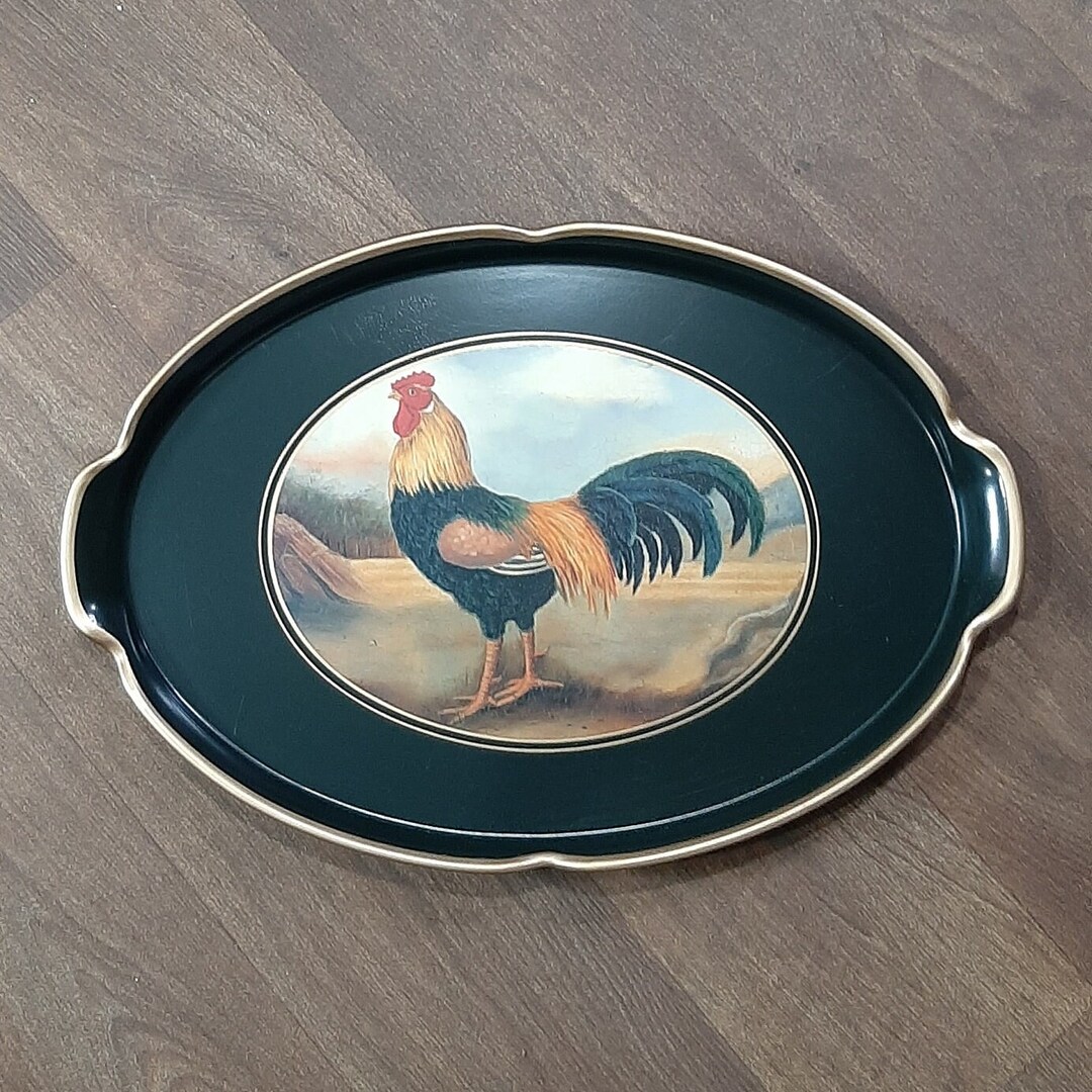 Vintage Lady Clare Wooden Serving Tray Farmhouse Rooster Gold Gilding ...