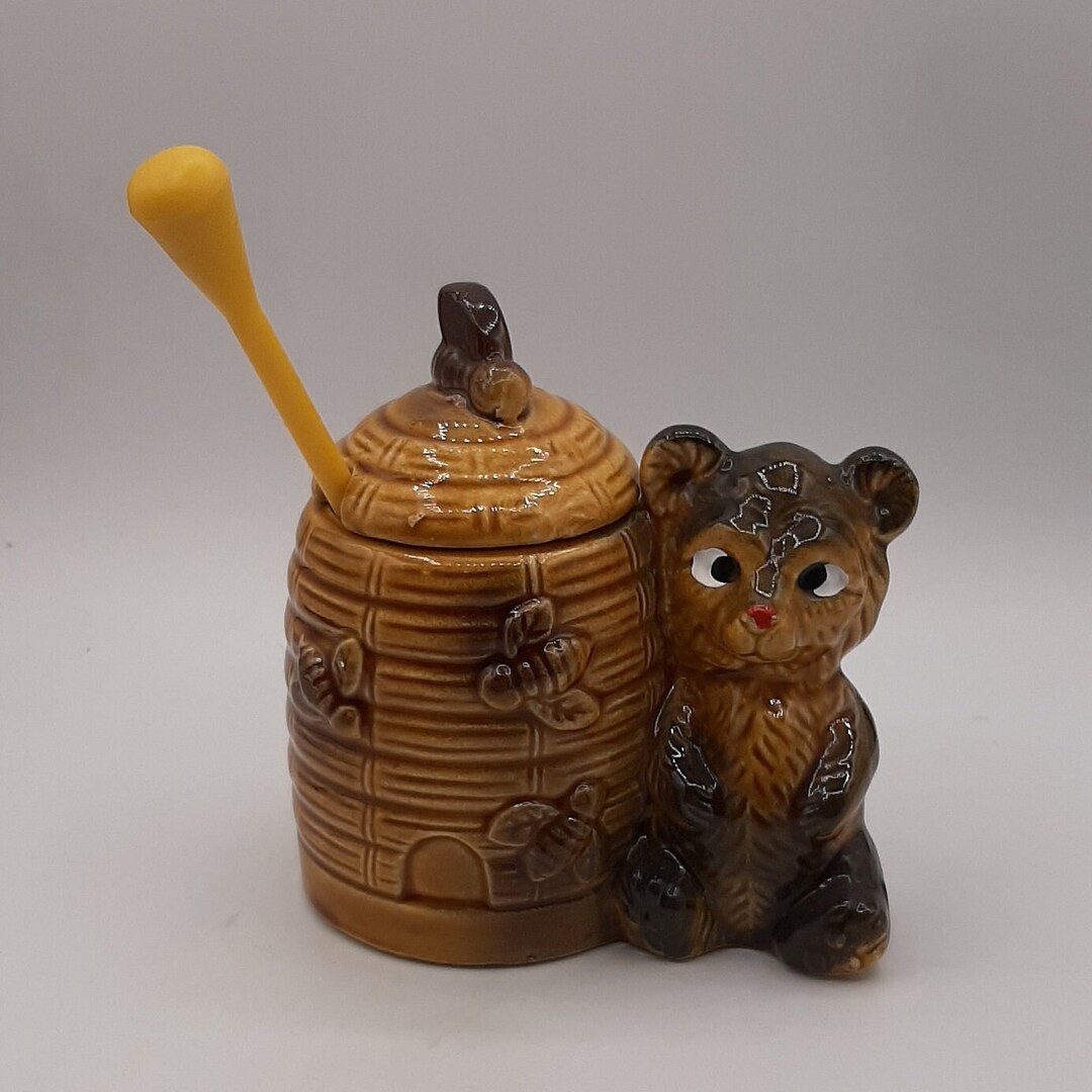 Vintage Ceramic Bee Hive Honey Pot Jar With Bear & Dipper Japan Home ...