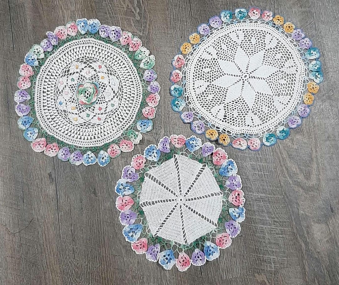 Three Vintage Handmade Crochet Floral Colorful Doilies Round Home Decor ...