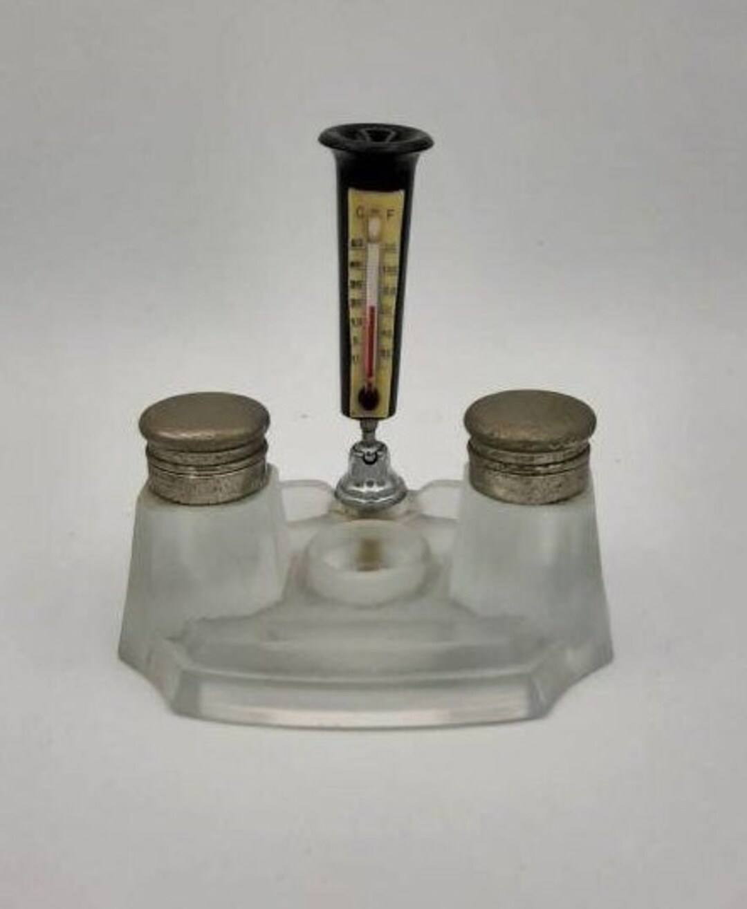 Vintage Frosted Swirl Glass Double Ink Wells With Caps & Pen Holder ...