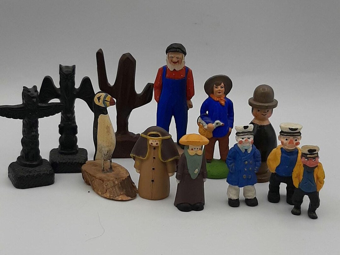 Hand Carved Folk Art Wooden Miniatures Figures 1970's Resin Totem Poles ...