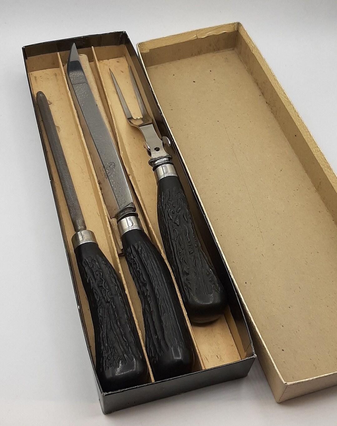 Vintage Old Forge Steel Carving Knife Meat Fork & Sharpen Set W Black ...