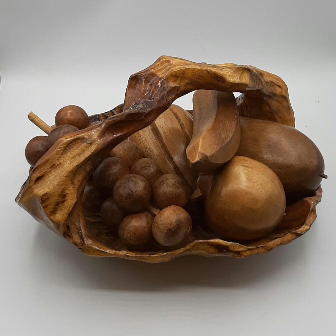 Vintage MCM Wooden Carved Bowl Handle & Fruit Monkey Pod Table ...
