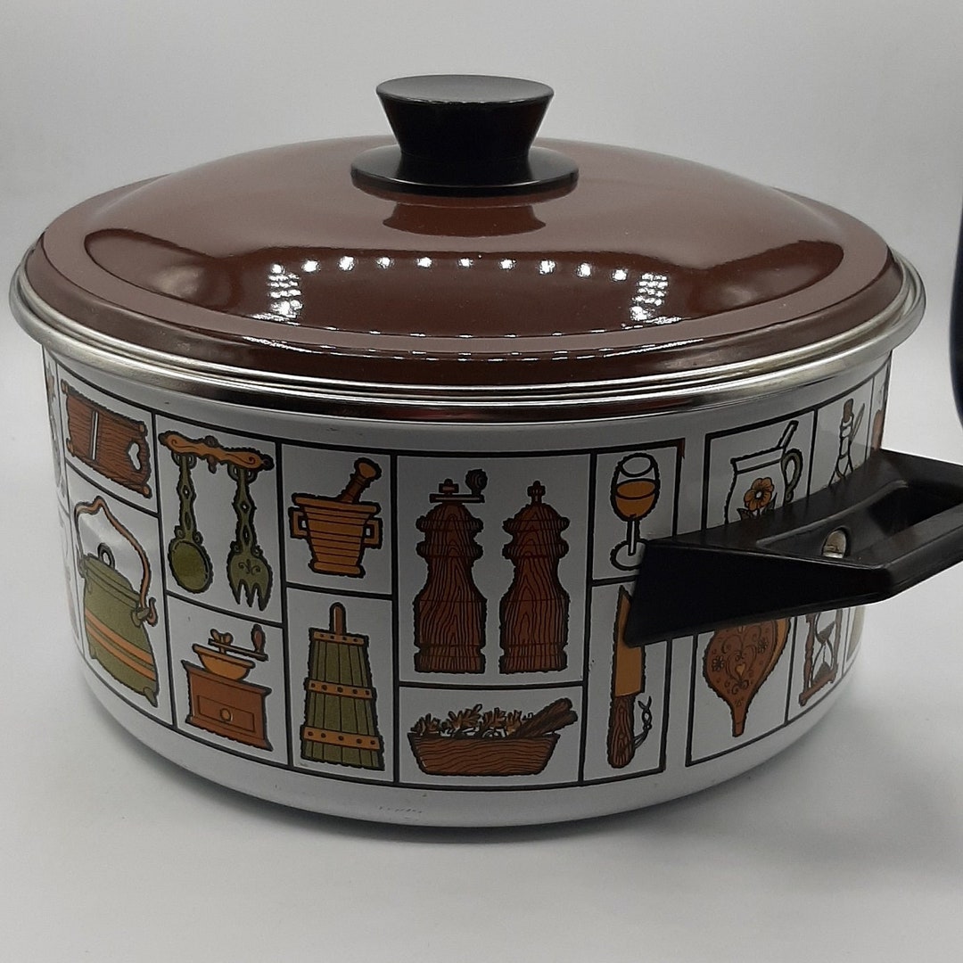 Vintage Enamel White Brown Dutch Oven Pot Funky Kitchen Decoration ...