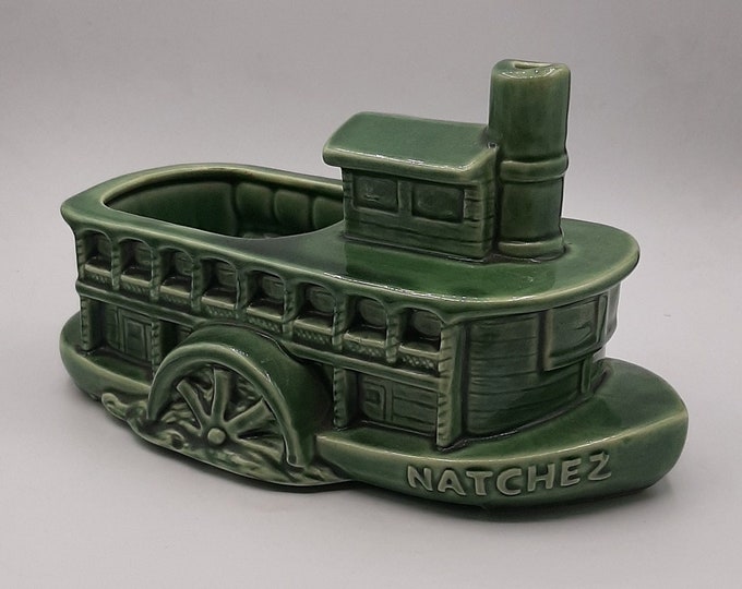Vintage 1950s Natchez Steamboat River Boat Green Ceramic Planter 9 1/2 ...