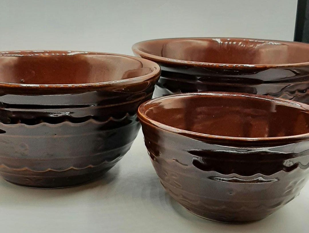 Vintage Marcrest Pottery Set 3 Brown Daisy Dot Stoneware Nesting Mixing ...