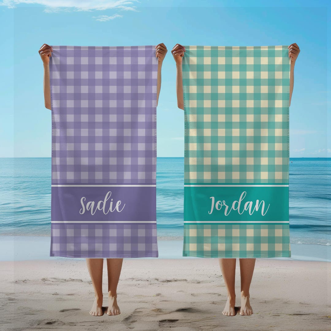 Gingham Custom Beach Towel | Personalized Beach Towel | Kids Birthday ...