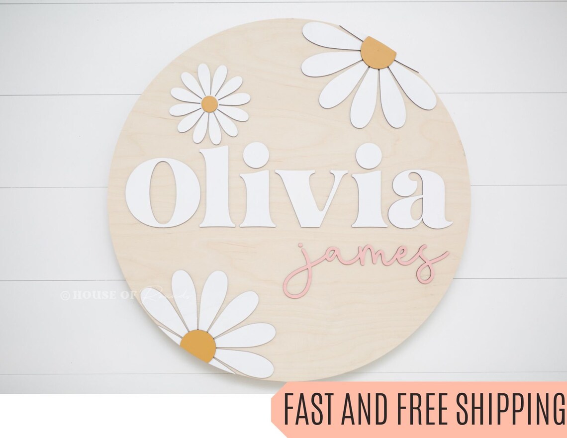Flower Round Wood Nursery Name Sign Name Sign for Nursery - Etsy