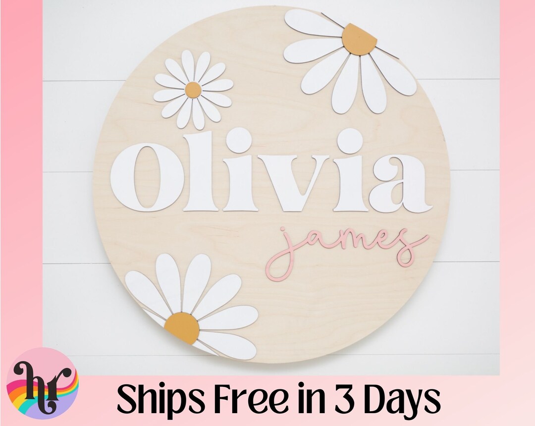 Flower Round Wood Nursery Name Sign, Name Sign for Nursery, Above Crib ...