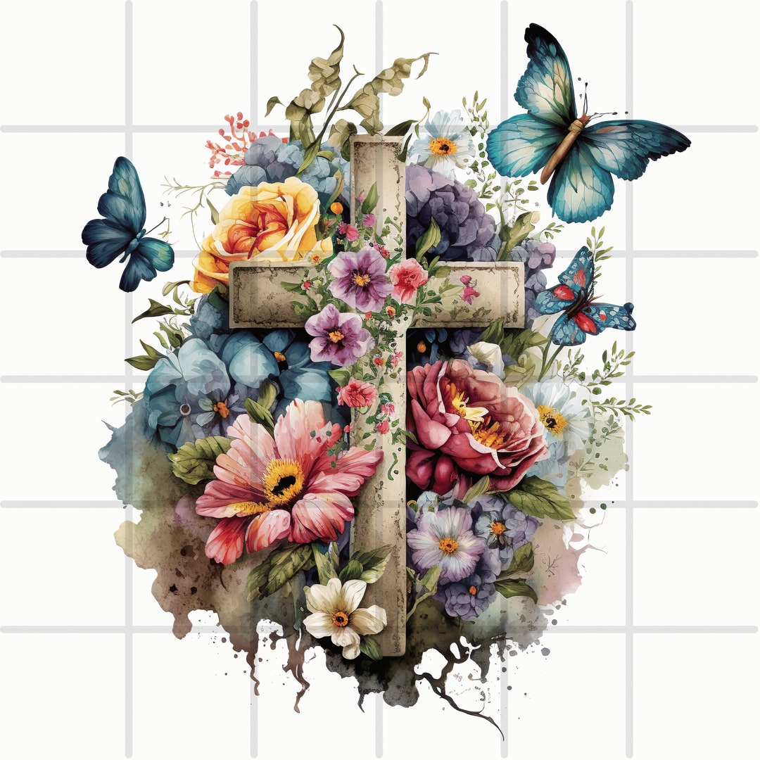Faith Cross With Watercolor Flowers PNG, Faith Splattered Cross ...