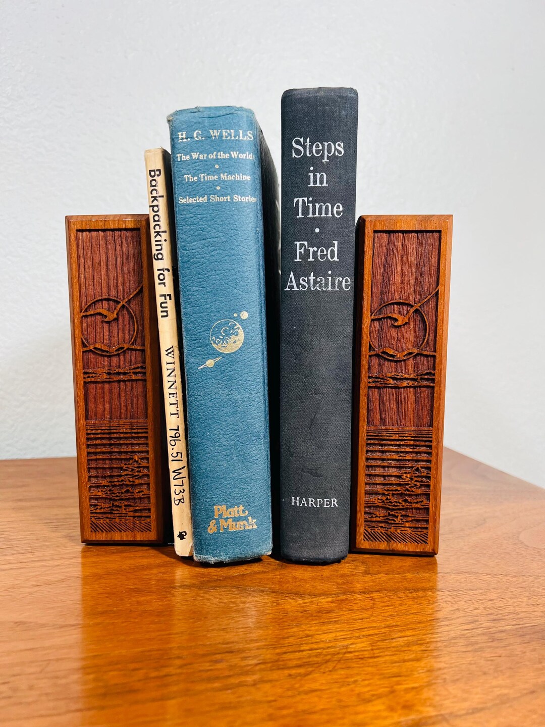 MCM Laser Engraved Walnut Bookends “seagulls Over the Sea” Mid Century ...