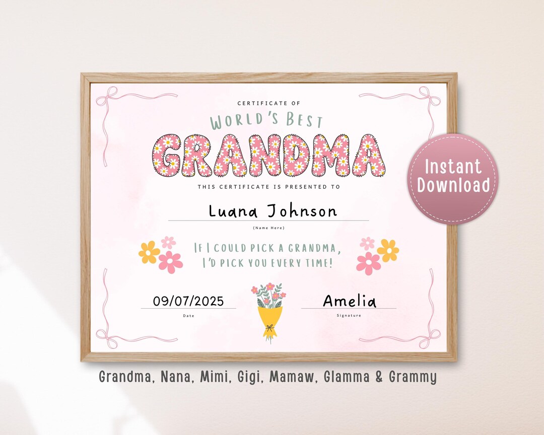 Worlds Best Grandma Certificate, Grandparents Day Craft, DIY Gift for ...