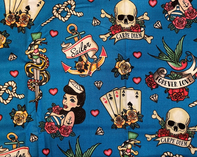 Tattoo Fabric Tattoo Doodle on Blue on White by Caja Design Tattoo ...