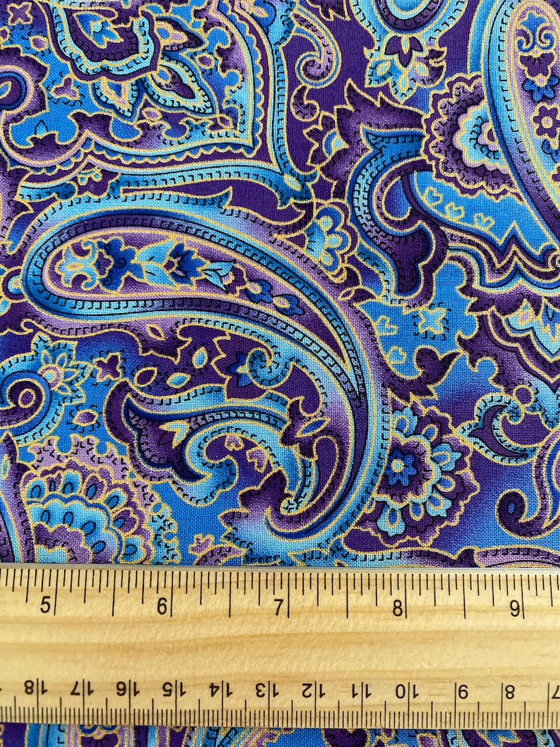 Blue and Purple Metallic Gold Paisley Cotton Fabric - Etsy