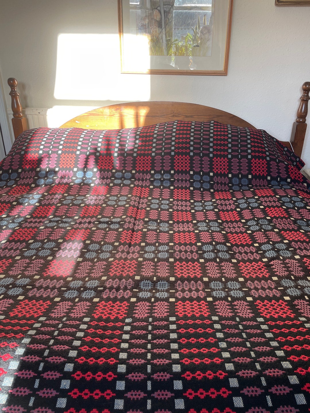 Traditional Welsh Tapestry Blanket in Shades of Black, Blue and Red ...