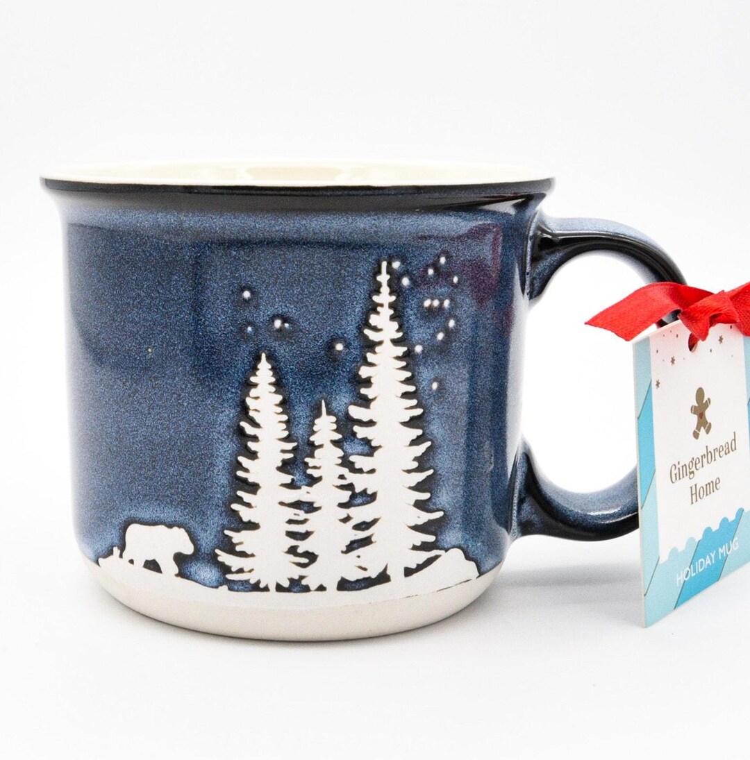 Holiday Camping Mug, Blue Ceramic 14oz Coffee Cup With Bear in Winter ...