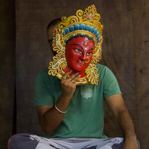 Handcrafted South Indian Wooden Mask - Traditional Goddess Durga Mask ...