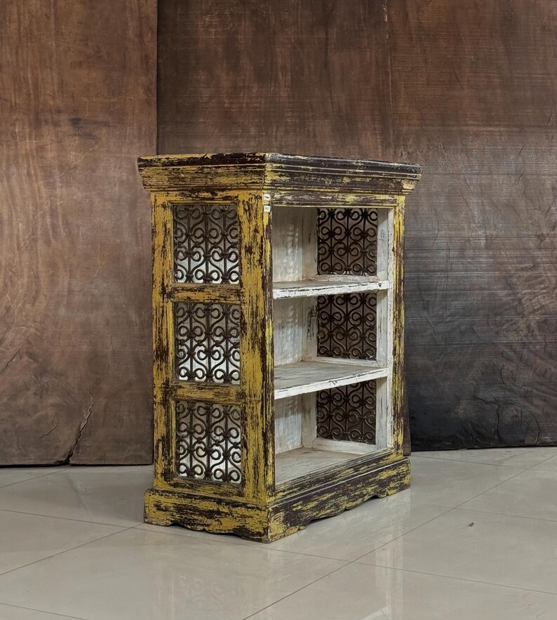 Rustic Wooden Bookshelf With Iron Grill Design, Unique Vintage Display ...