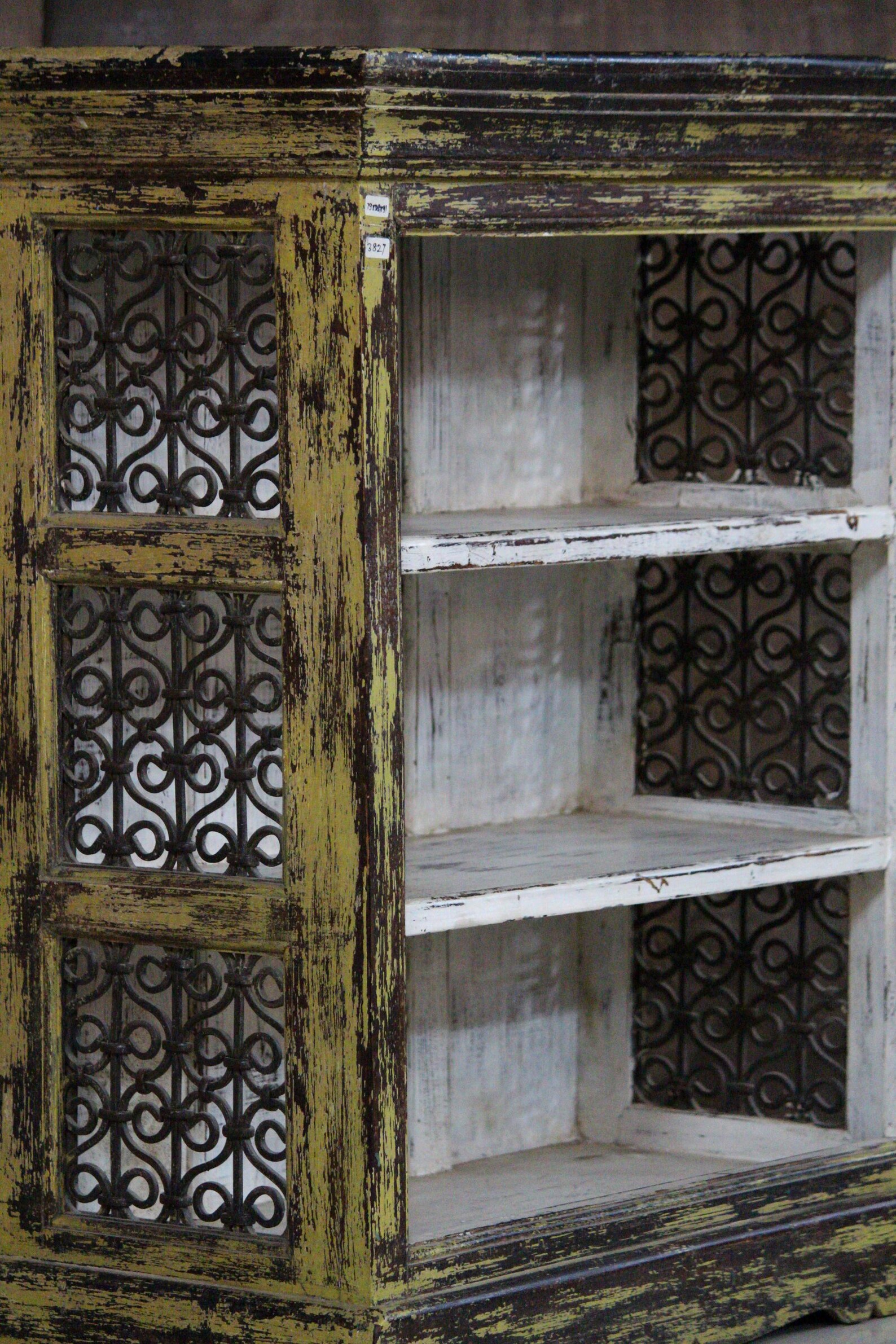 Rustic Wooden Bookshelf With Iron Grill Design, Unique Vintage Display ...