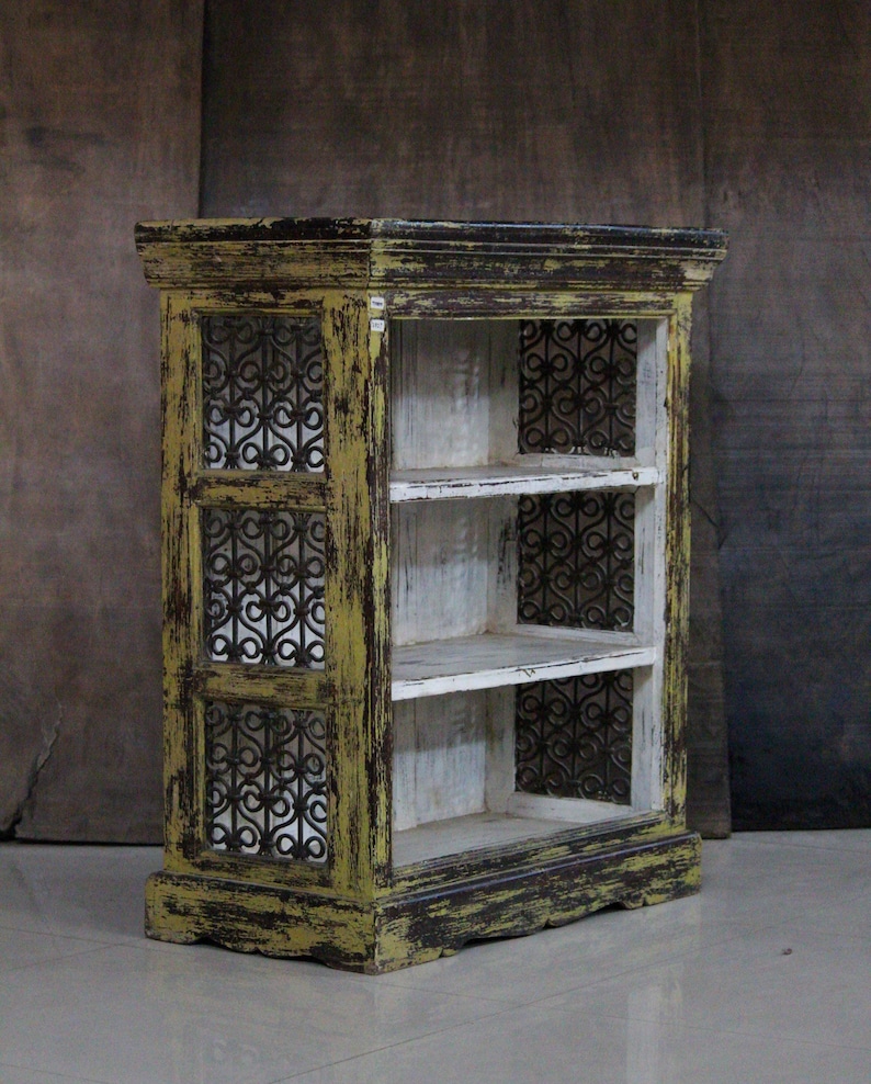 Rustic Wooden Bookshelf With Iron Grill Design, Unique Vintage Display ...