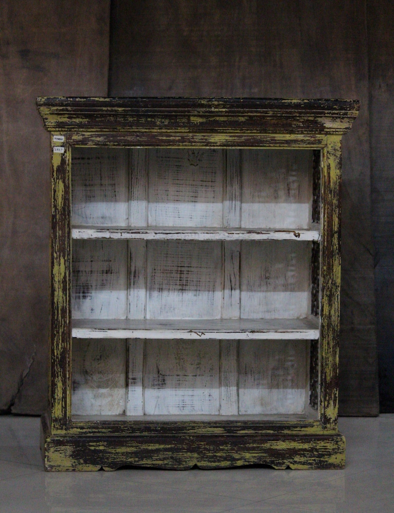 Rustic Wooden Bookshelf With Iron Grill Design, Unique Vintage Display ...