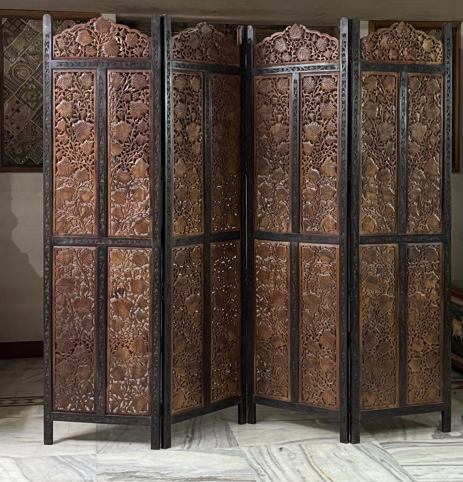 Rare Handcrafted Wooden Carved Room Divider Screen With Intricate ...