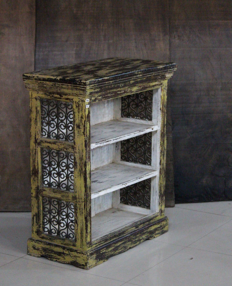 Rustic Wooden Bookshelf With Iron Grill Design, Unique Vintage Display ...