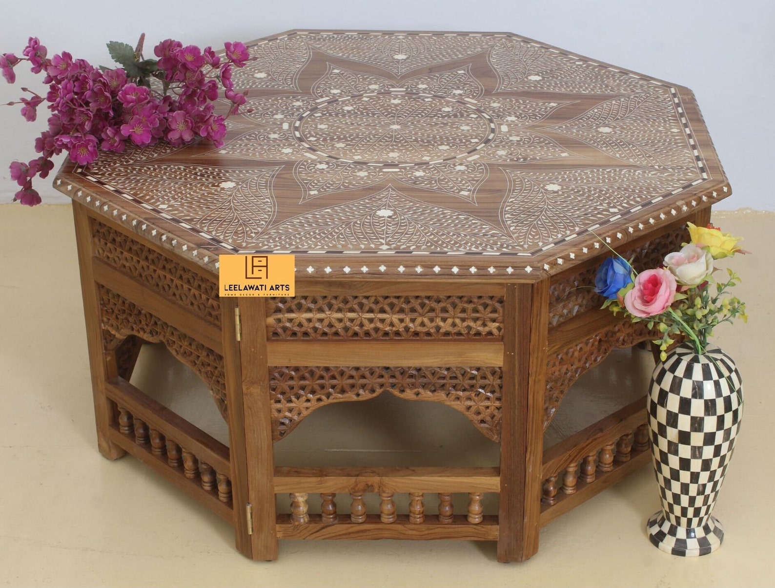 Wood Bone Inlay Coffee Table | Wood Inlaid Coffee Table | Octagonal ...