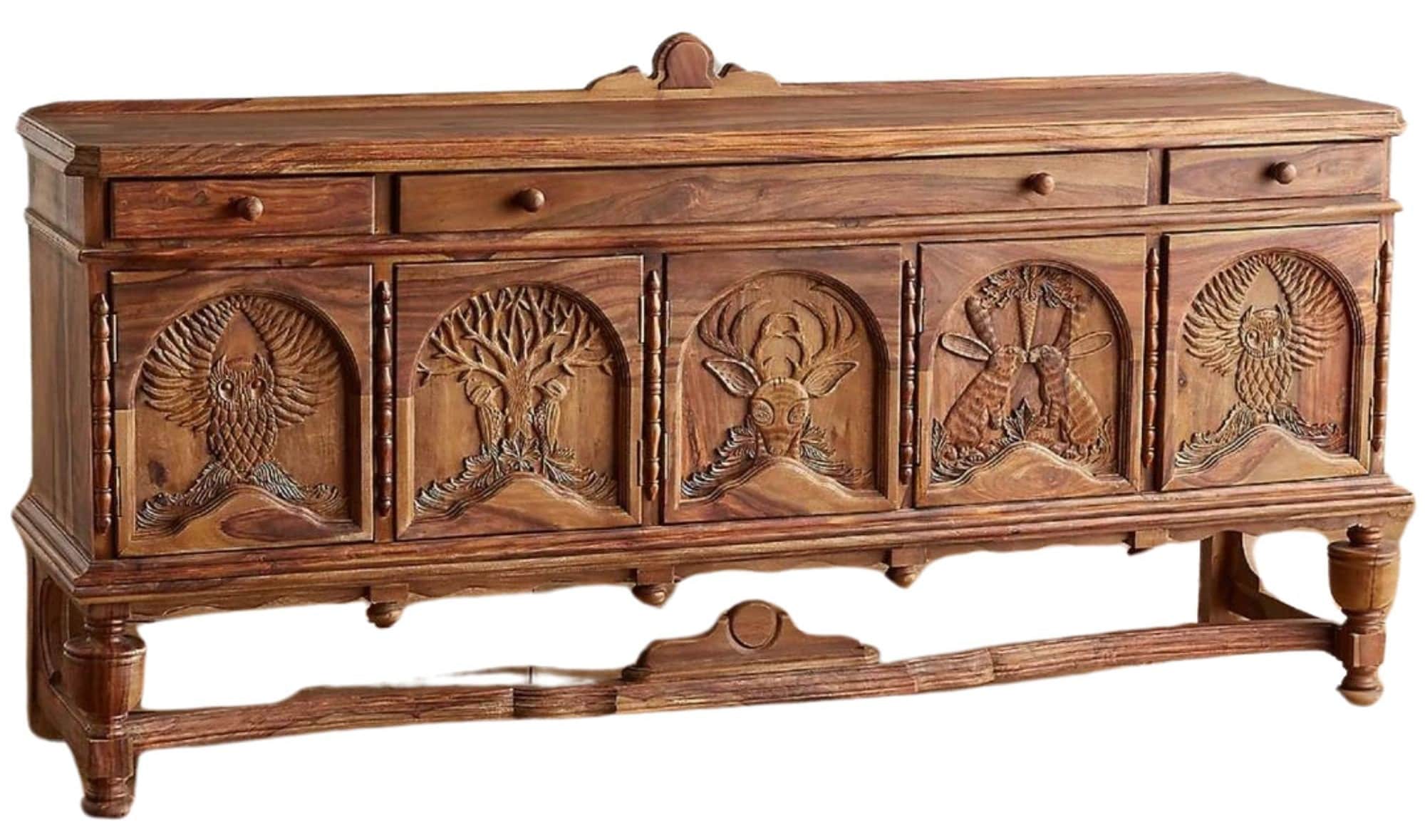 Wood Hand Carved Menagerie Buffet | Wildlife Hand Carved Buffet | Wood ...