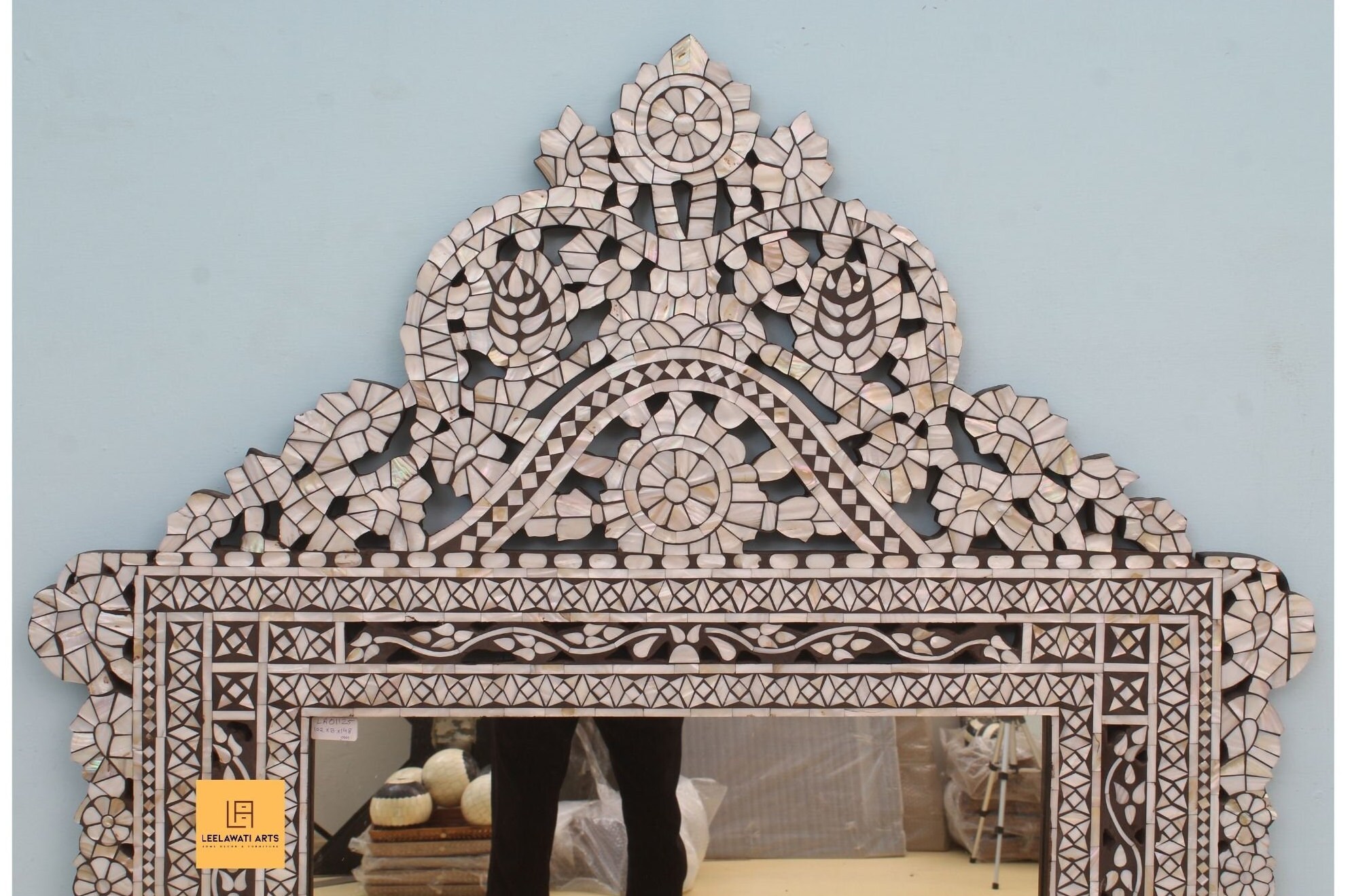 Indian Handmade Mother of Pearl Inlay Floral Design White Color Mirror ...