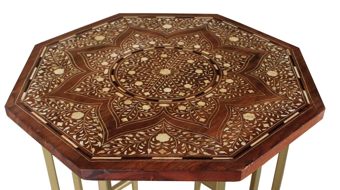Wooden Bone Inlay Octangle Side Table Brass Coating Leg - Etsy