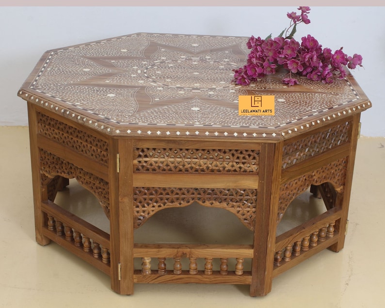 Wood Bone Inlay Coffee Table | Wood Inlaid Coffee Table | Octagonal ...