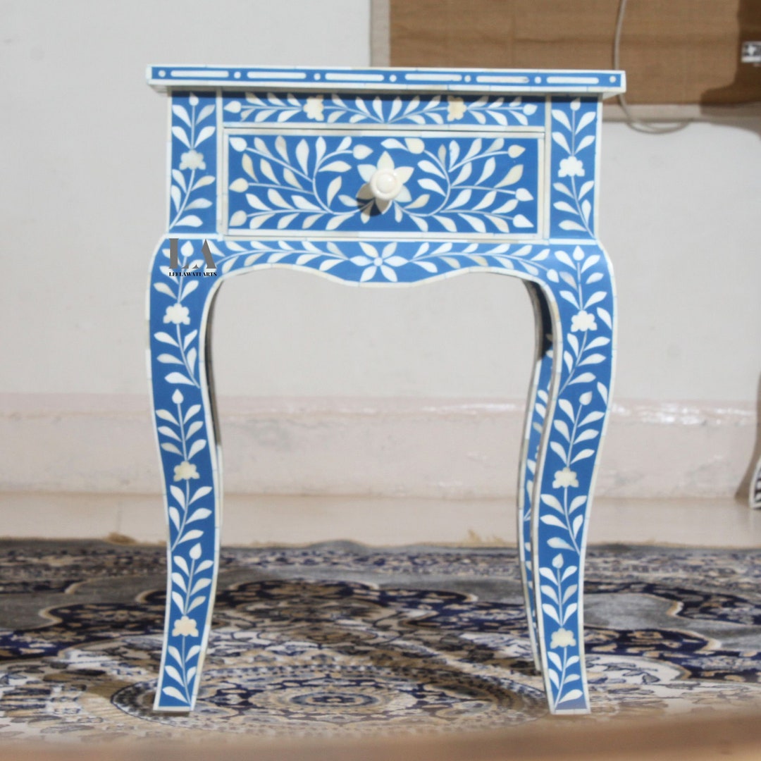 Wood Inlay Bedside Table Handmade Floral Accent Table - Etsy