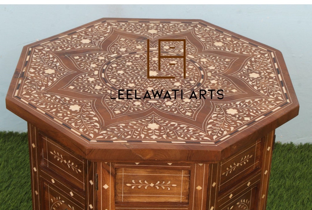 Wood Bone Inlaid Table Home Décor | Wood Bone Inlay Hexagon Side Table ...