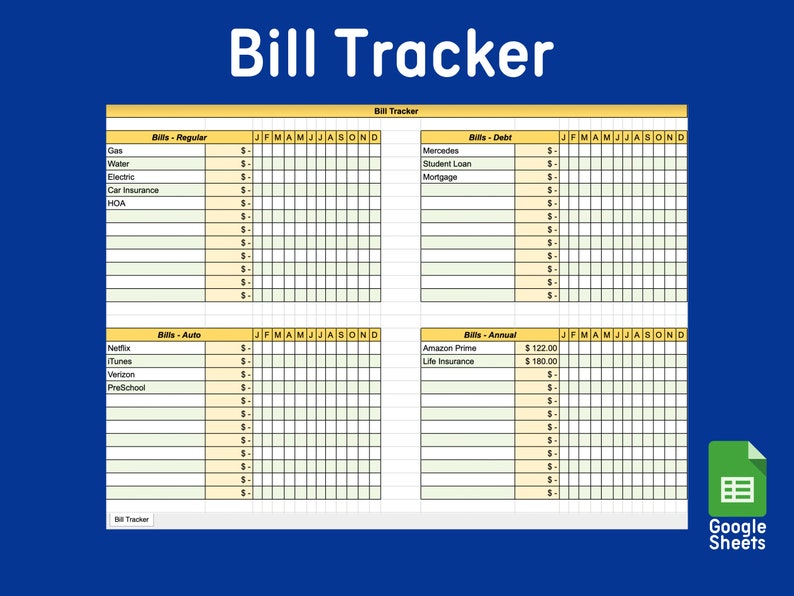 Bill Tracker, Digital Bill Tracker Spreadsheet, Google Sheets Bill ...