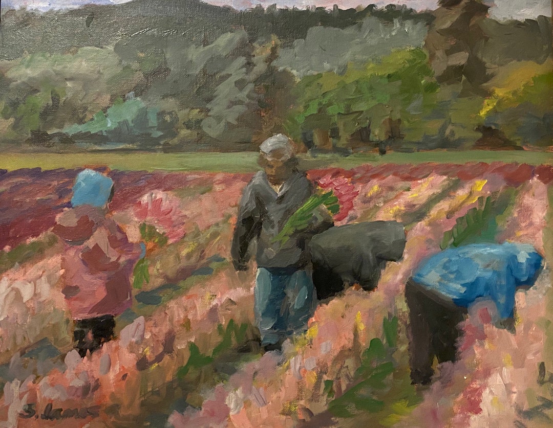 Original Oil Landscape Painting Framed Tulip Pickers 16x20 Painting ...