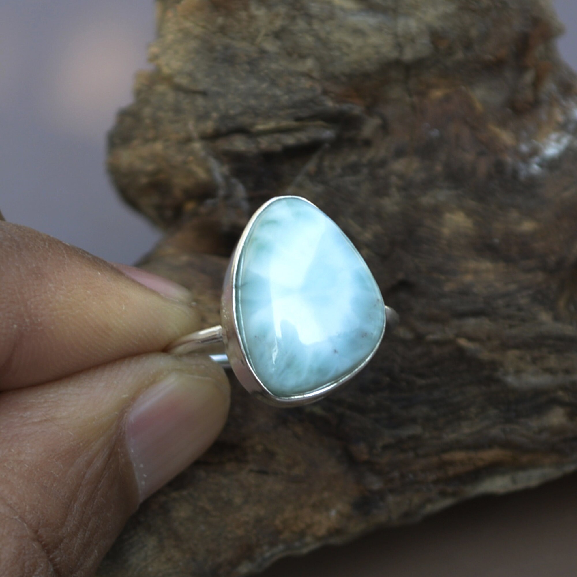 Natural Larimar Ring, Pectolite Larimar Gemstone Ring, Triangle Larimar ...