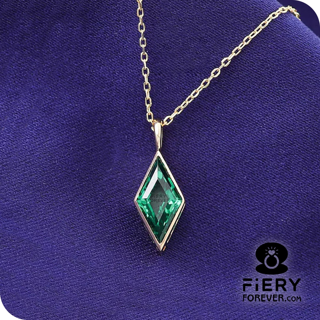 1.25/ 2/ 3 Carat Green Lozenge Cut Moissanite Necklace: Full Bezel Set ...