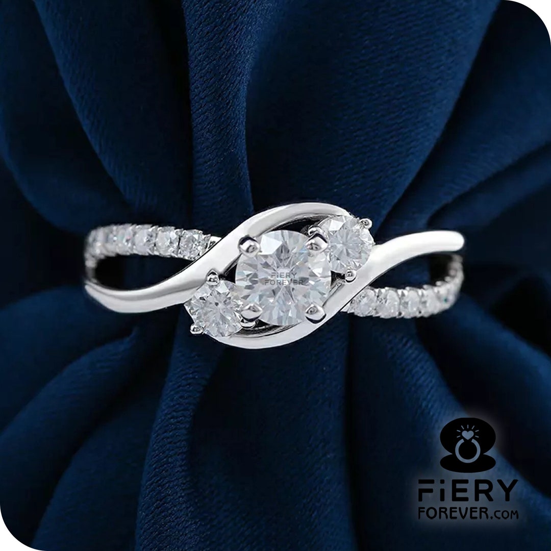 3 Stone Bypass Shank Designer Wedding Promise Ring, Art Deco 6MM Round ...