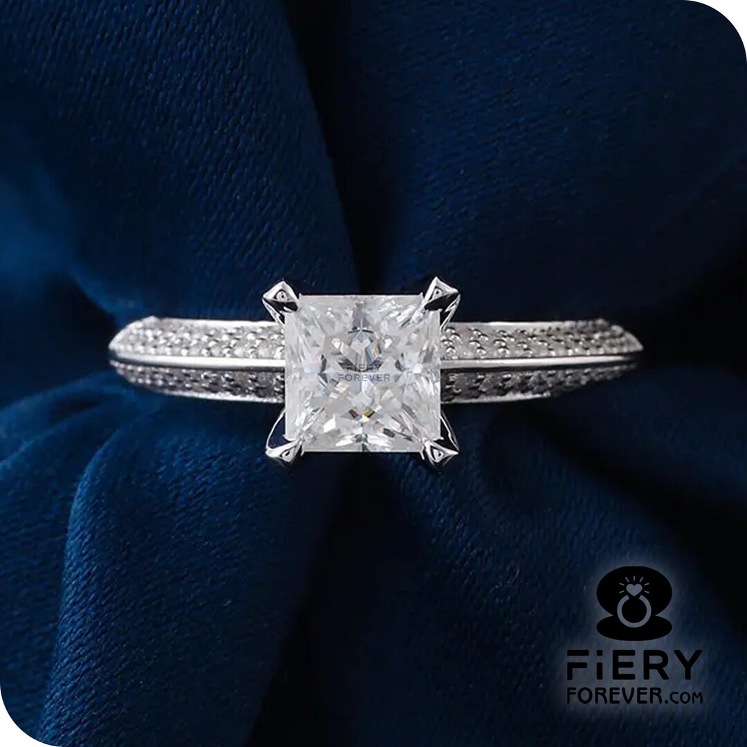 Four Row Pave Knife Edge Shank Ring, 1.25/ 2/ 3 Carat Princess Cut ...