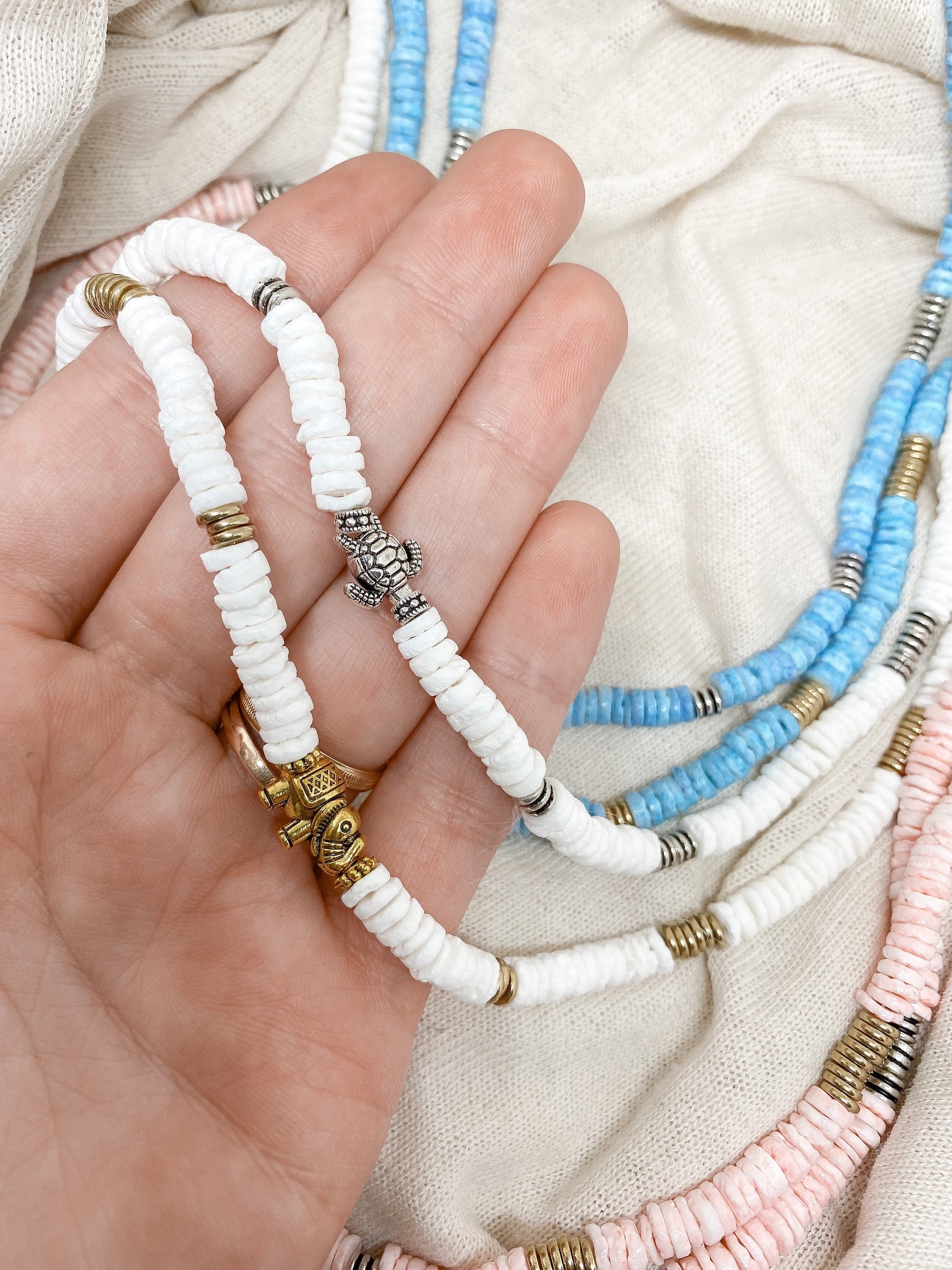 Puka Shell Choker Necklace| White, Pink or Blue Round Cut Chip Shells ...