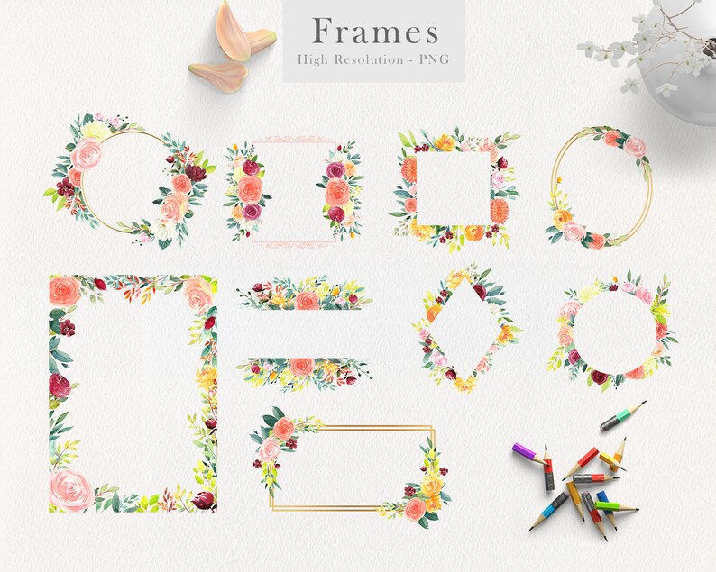 Watercolor Floral Clipart Bundle Watercolor Floral Frame - Etsy