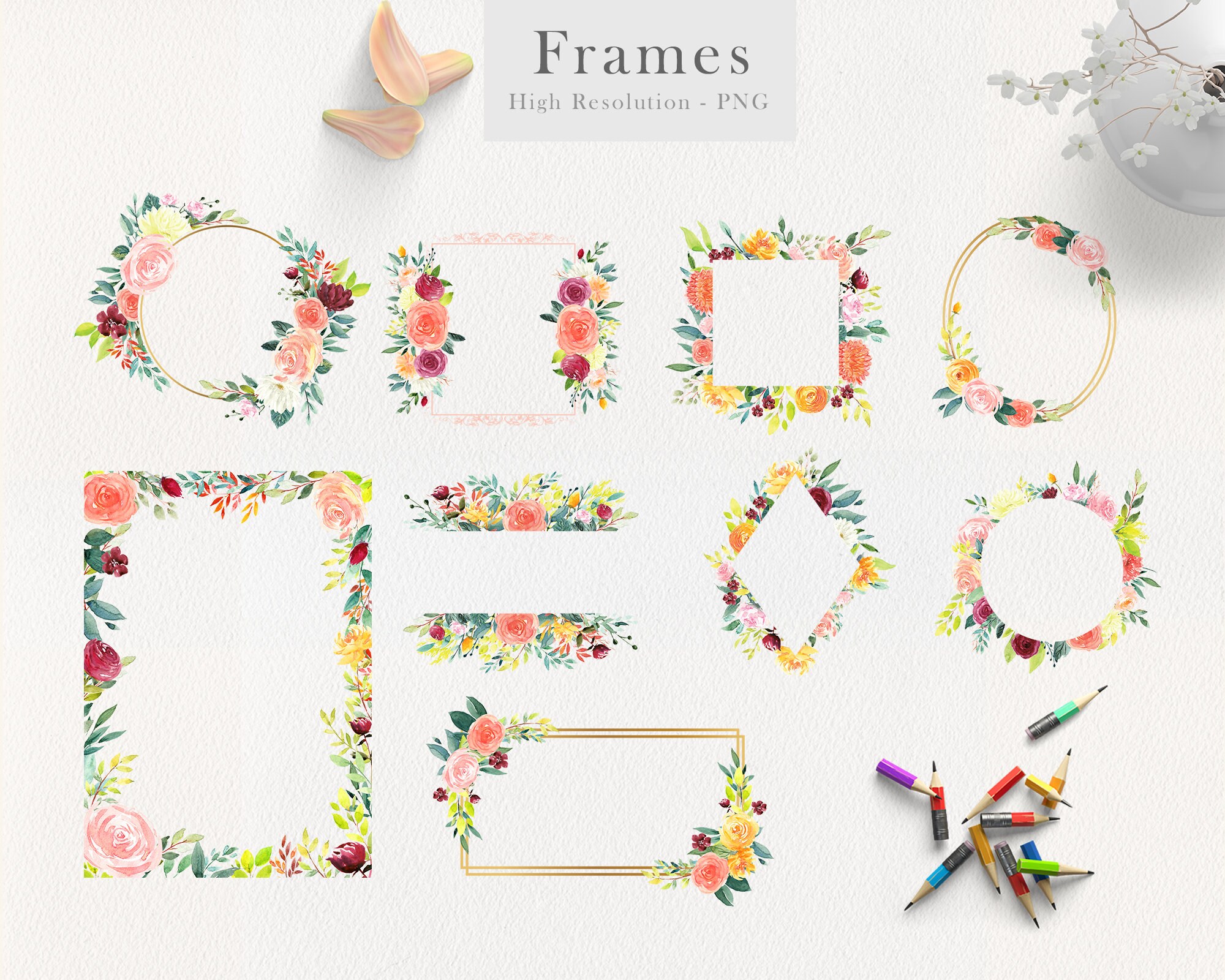 Watercolor Floral Clipart Bundle Watercolor Floral Frame - Etsy