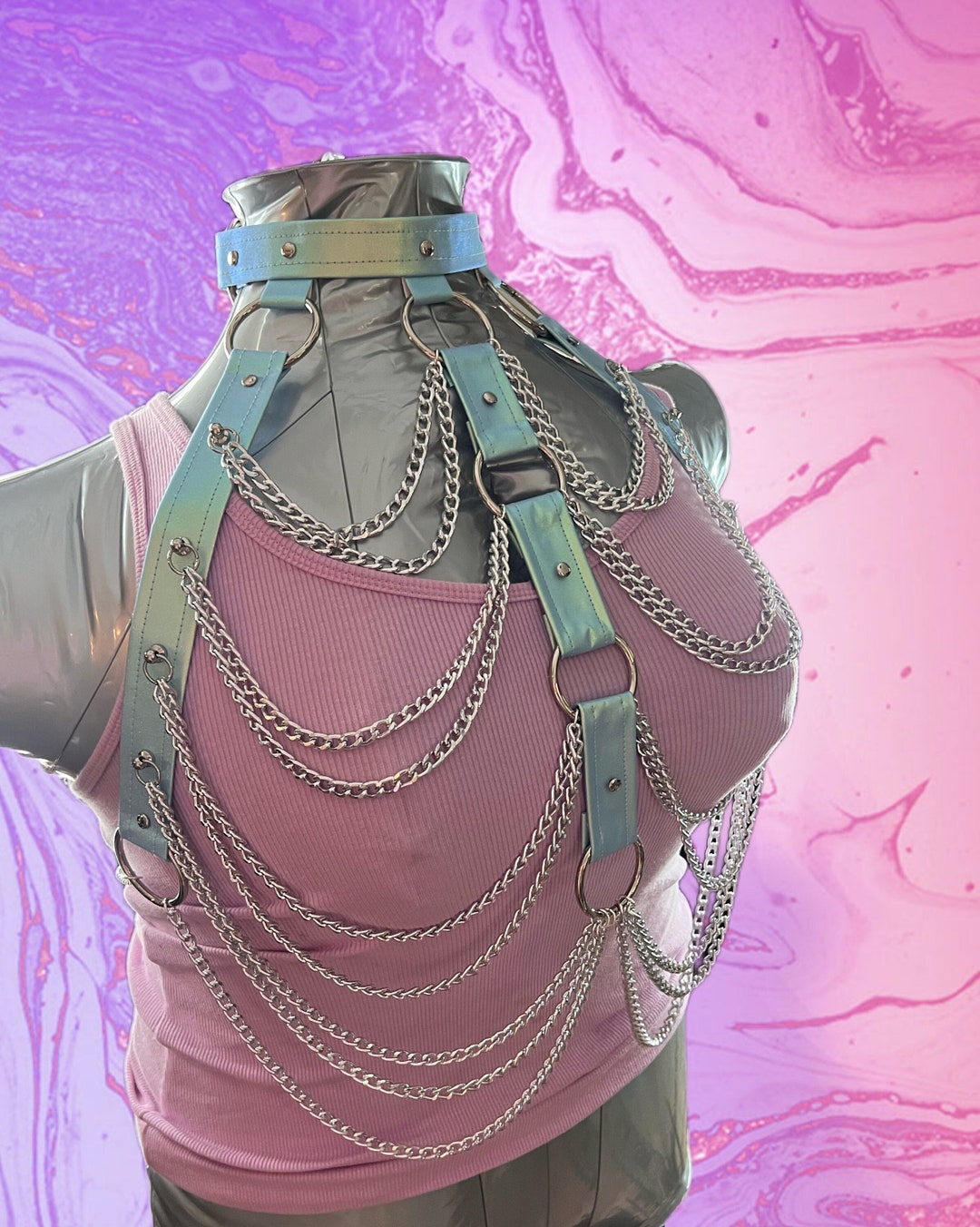 Iridescent Blue Rib Cage Harness (gold Chain), Festival Accessories, XL ...