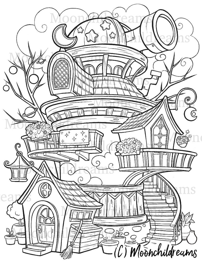 Cosmic Witch House Coloring Page | Printable Coloring Page for Adults ...