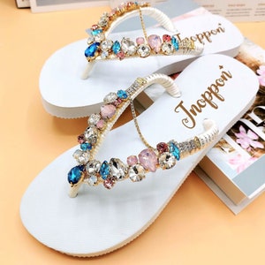 Jeweled Flip Flops, Bling Flip Flops, White Sandal, Sandals for Woman ...